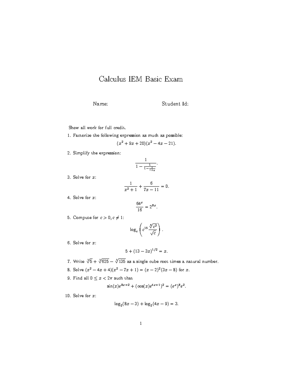 Practice basic exam - Calculus IEM Basic Exam Name: Student Id: Show ...