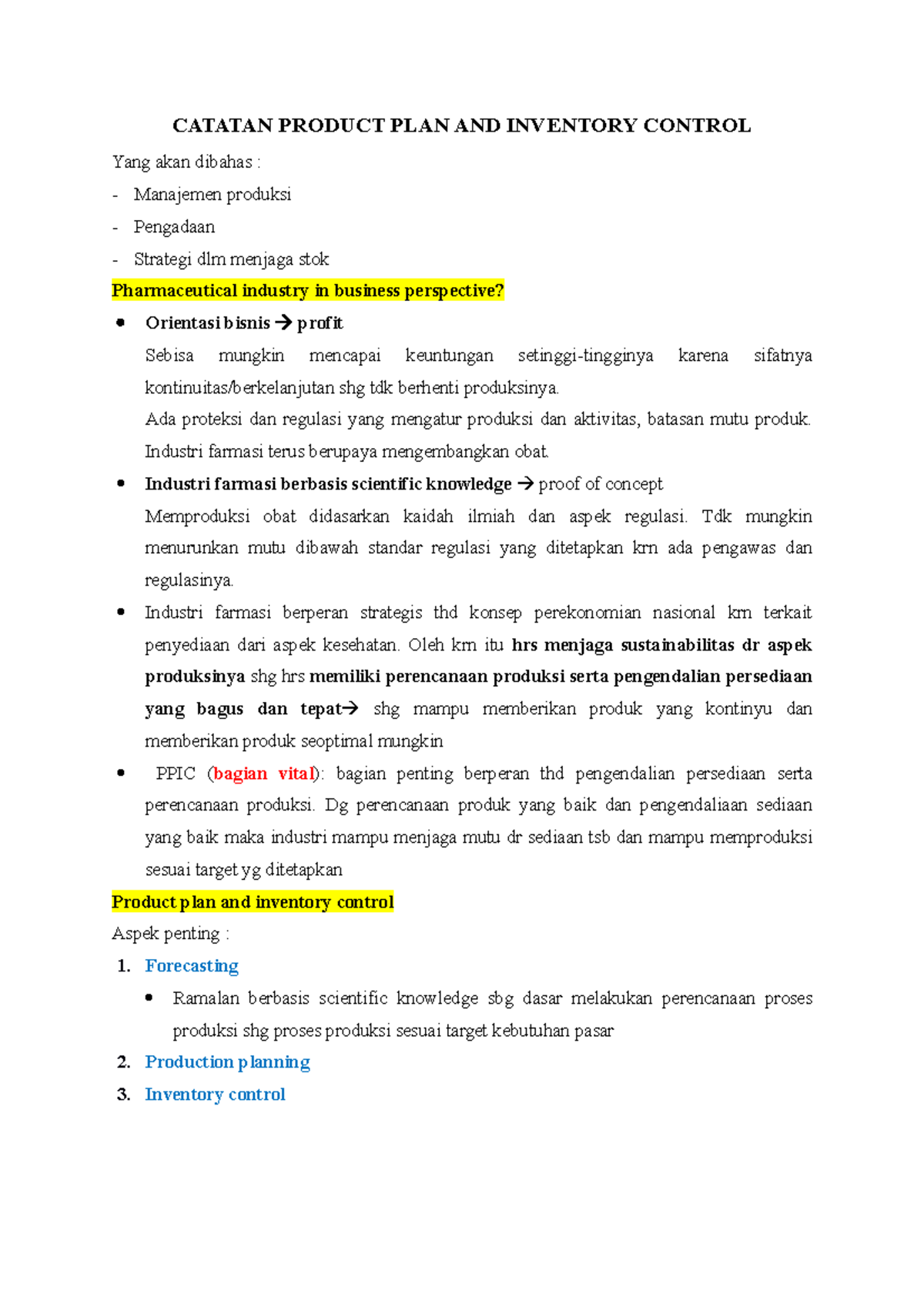 Catatan Product PLAN AND Inventory Control - CATATAN PRODUCT PLAN AND INVENTORY CONTROL Yang ...