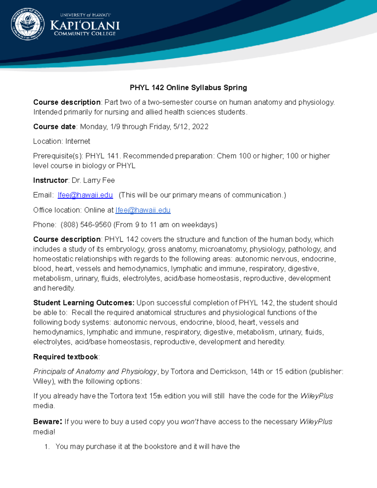 PHYL 142 Syllabus - PHYL 142 Online Syllabus Spring Course description ...