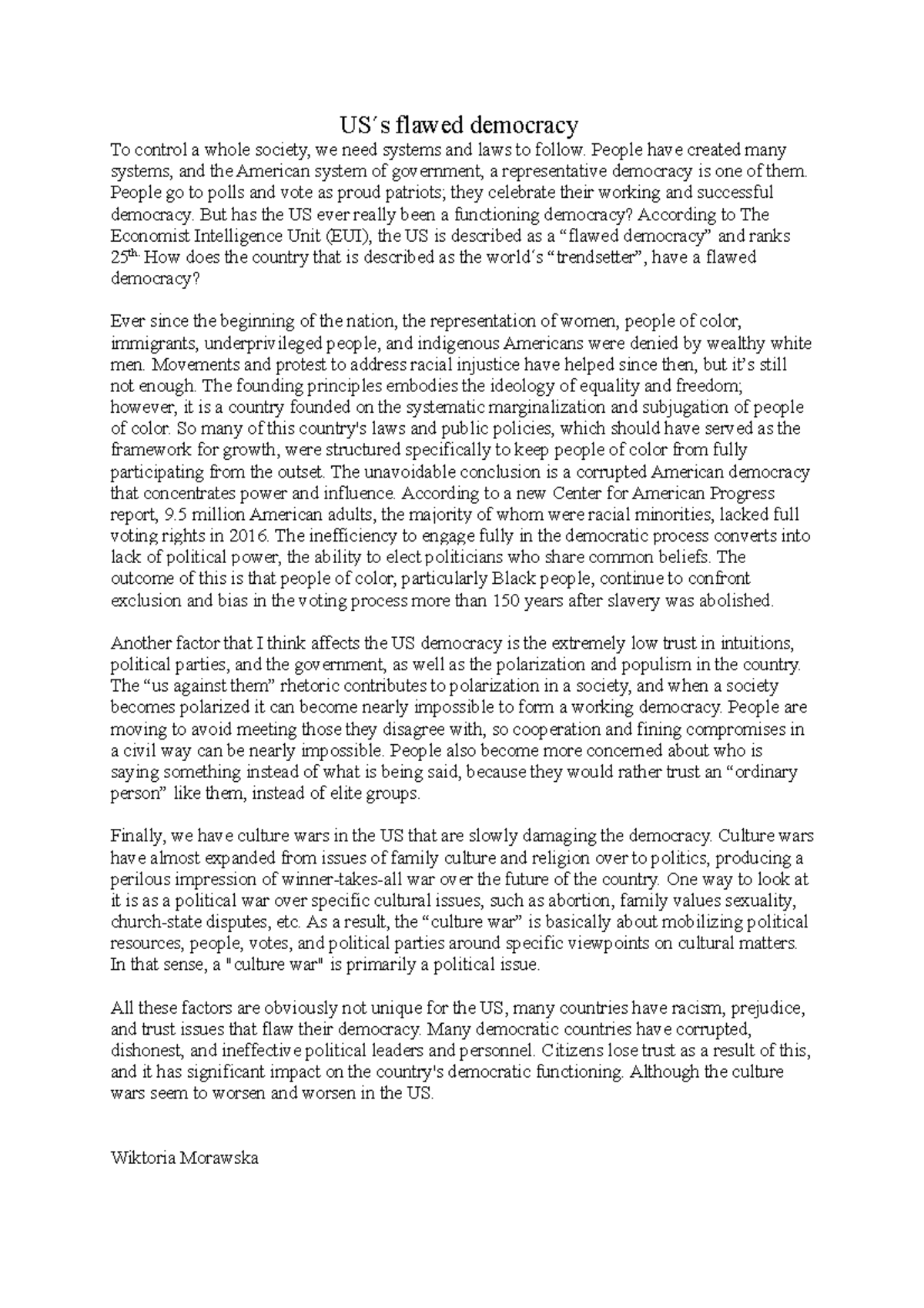 English essay - engelsk tekst - US ́s flawed democracy To control a ...