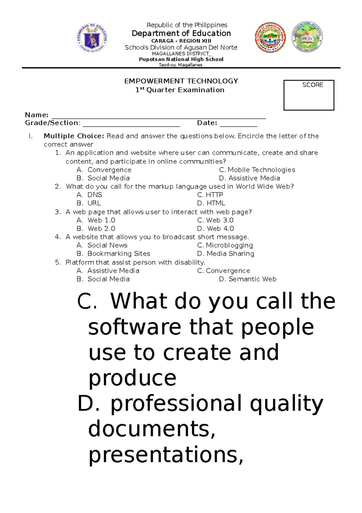 Empowerment TECH 1ST Quarter EXAM - Republic of the Philippines ...