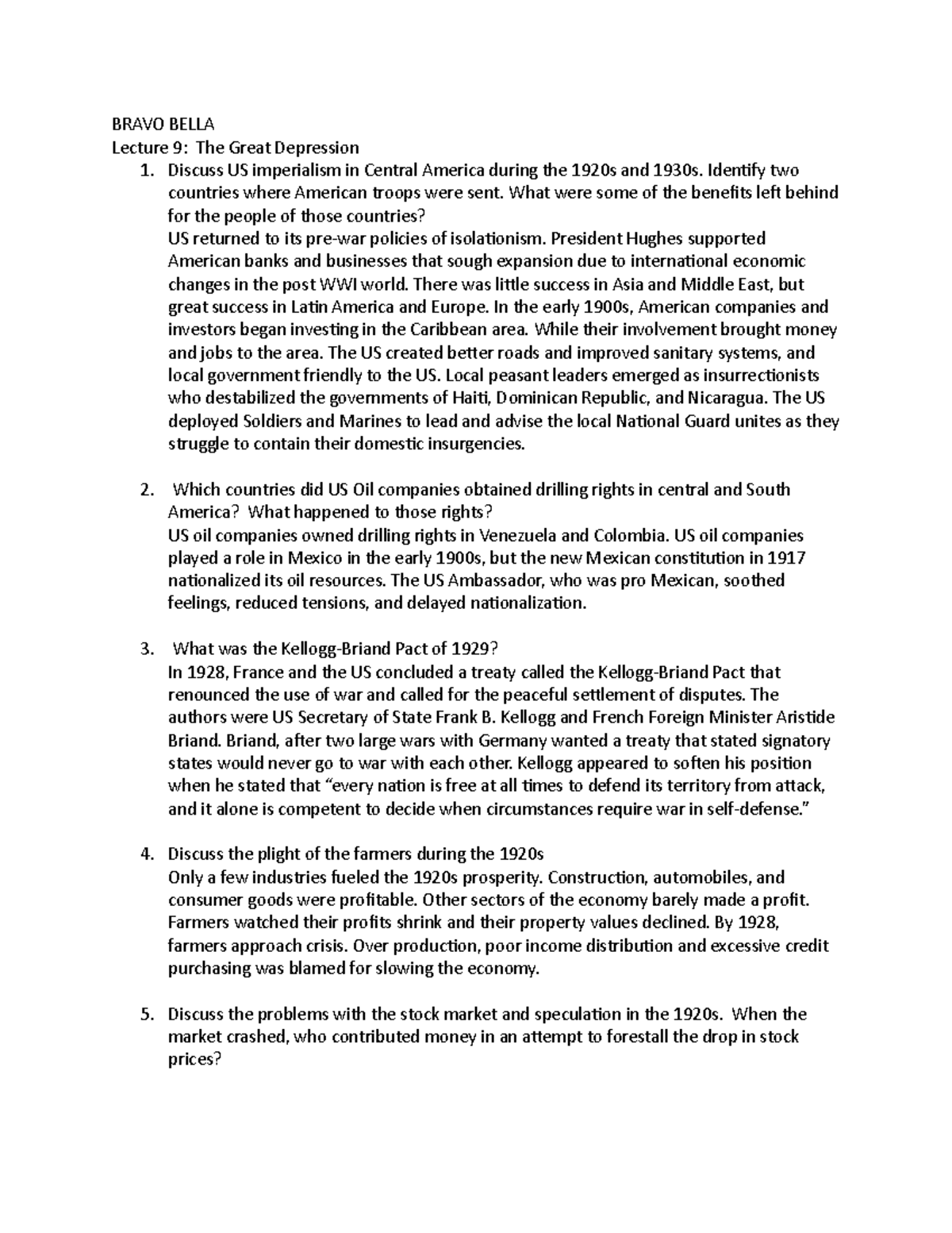 From Boom to Bust - BRAVO BELLA Lecture 9: The Great Depression 1 ...