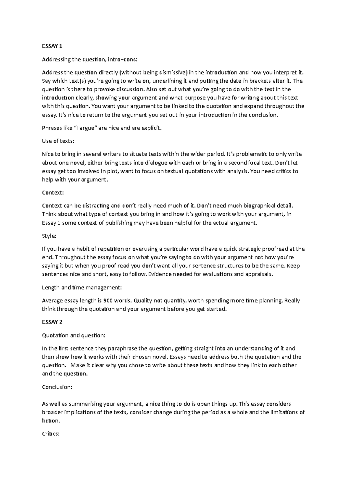 Exam technique notes - ESSAY 1 Addressing the question, intro+conc ...