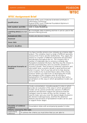 Unit 5 Authorised Assignment Brief for Learning Aims B and C Data Modelling - BTEC Assignment ...