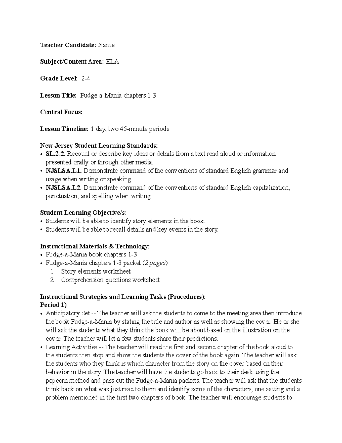 2nd Grade Chapter Book ELA Lesson Plan Example - Teacher Candidate ...