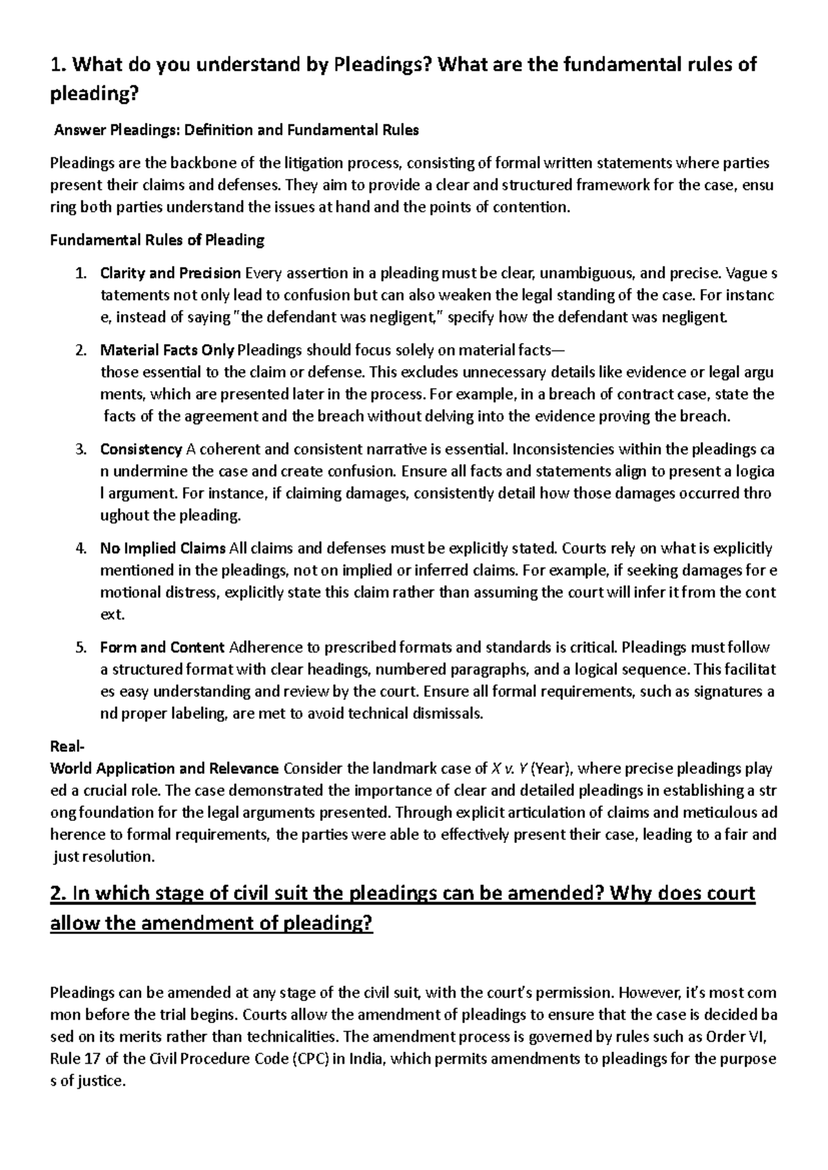 Answers - unit-1 and 2 e-notes - 1. What do you understand by Pleadings ...