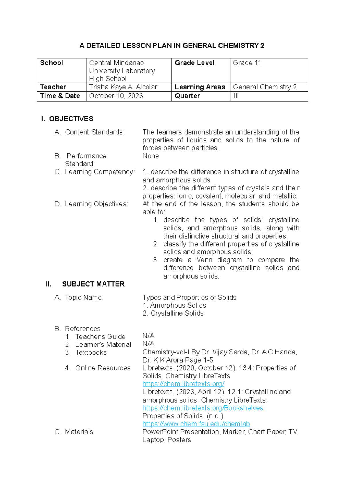 A Detailed Lesson PLAN IN Organic Chemistry - A DETAILED LESSON PLAN IN ...