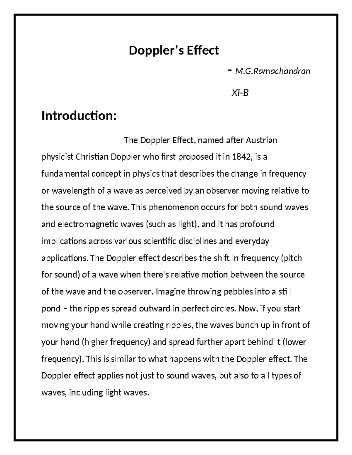 Physics project - Euhgwwsdghjiirecbkur - Doppler’s Effect - M.G XI-B ...