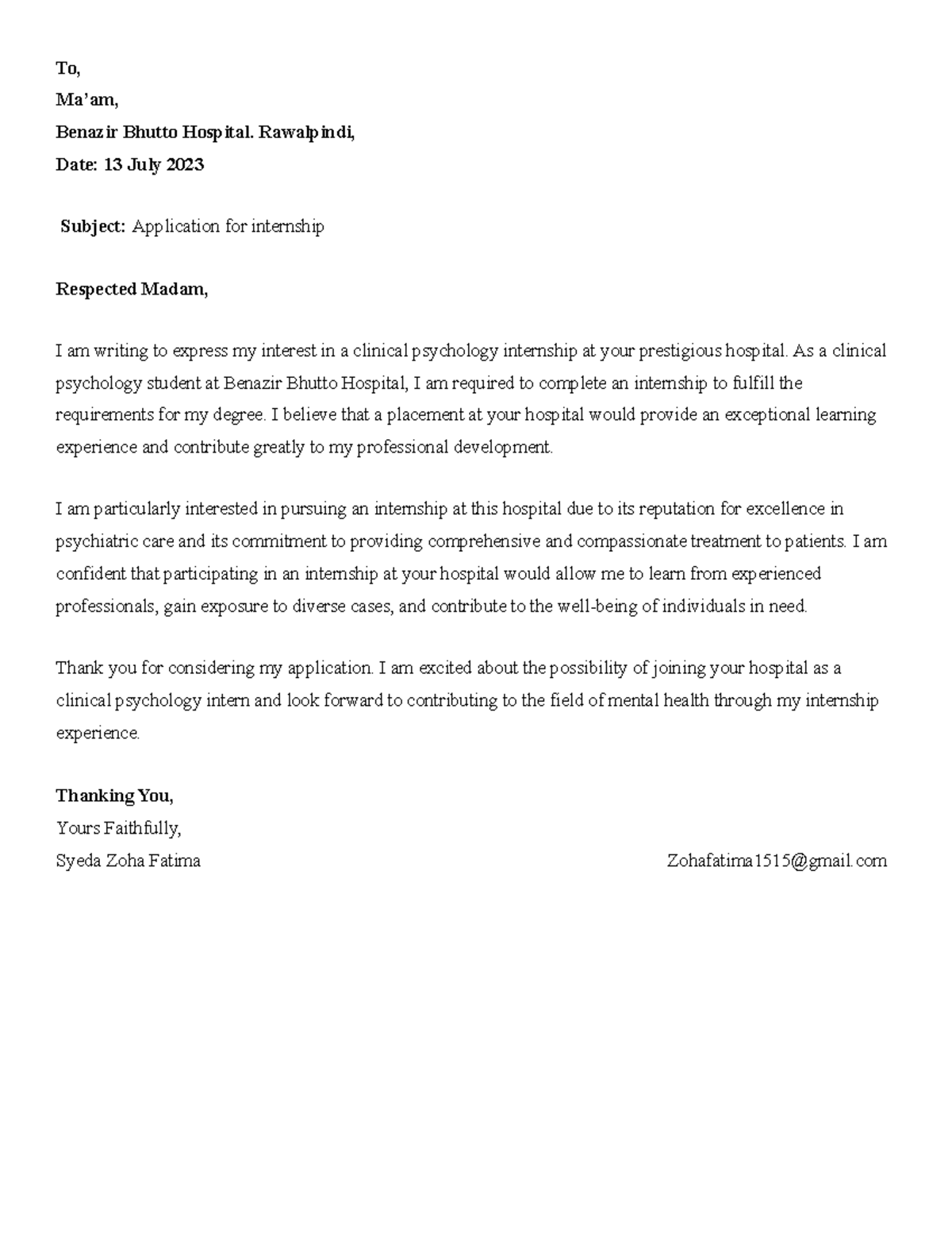 Internship Application - To, Ma’am, Benazir Bhutto Hospital. Rawalpindi ...