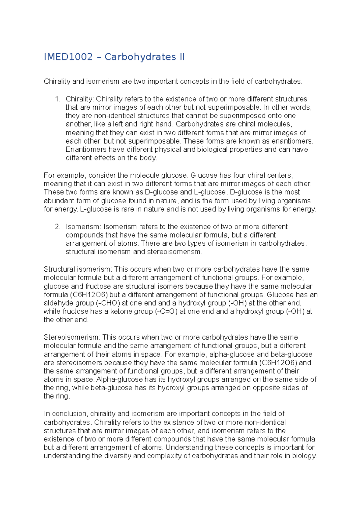 IMED1002-Carbs 2 - Lecture notes on carbohydrate rings and isomers ...
