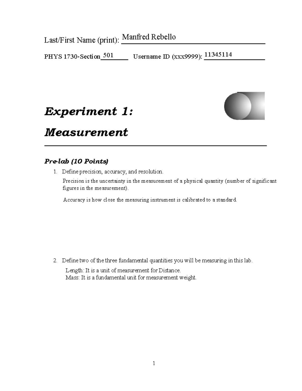 Physycs lab 1 - gen physics question practice solutions - /DVW )LUVW ...