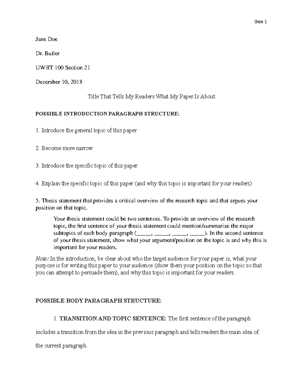 Butler Sample Research Paper Structure - Jane Doe Dr. Butler UWRT 100 ...