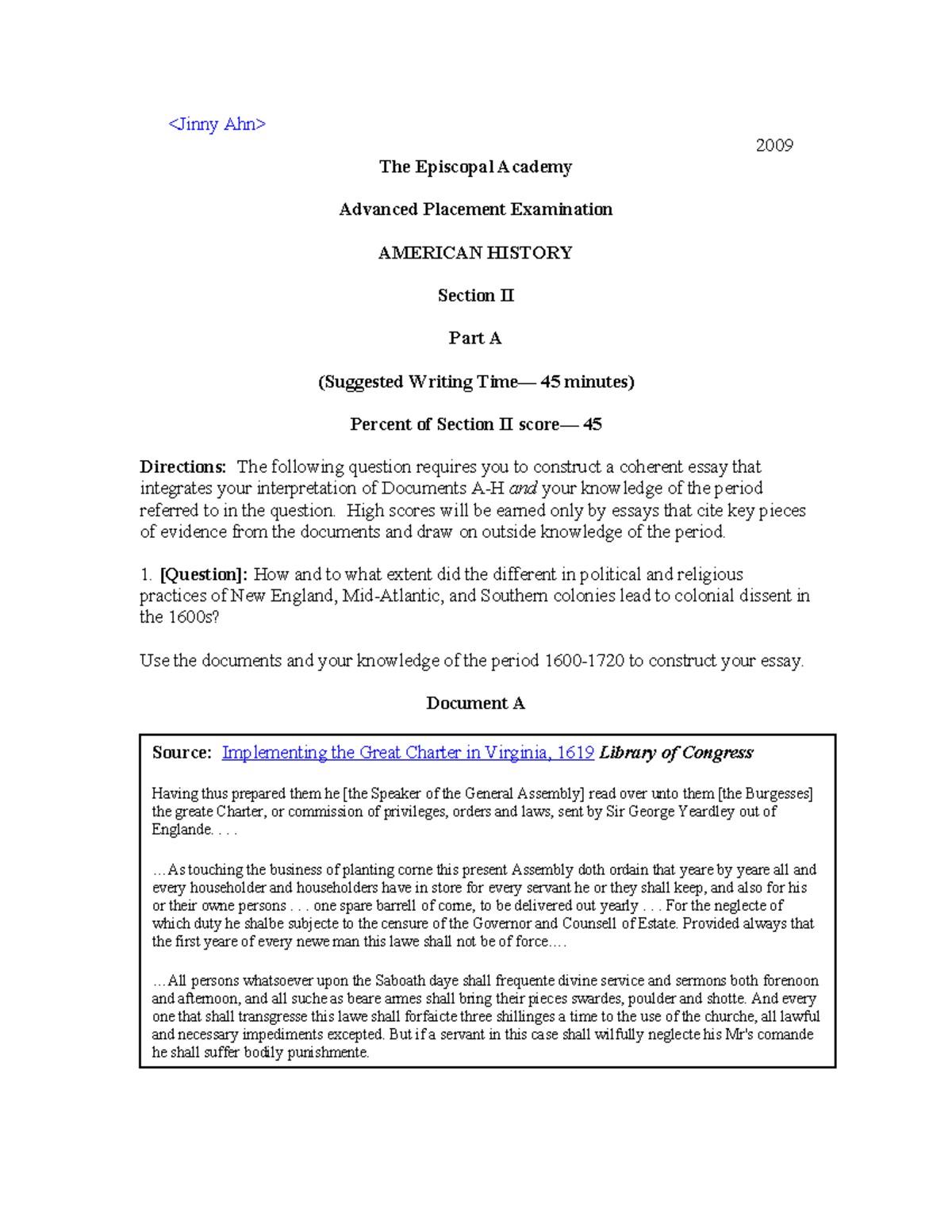 Early Colonial Dissent DBQ 2009 - 2009 The Episcopal Academy Advanced ...