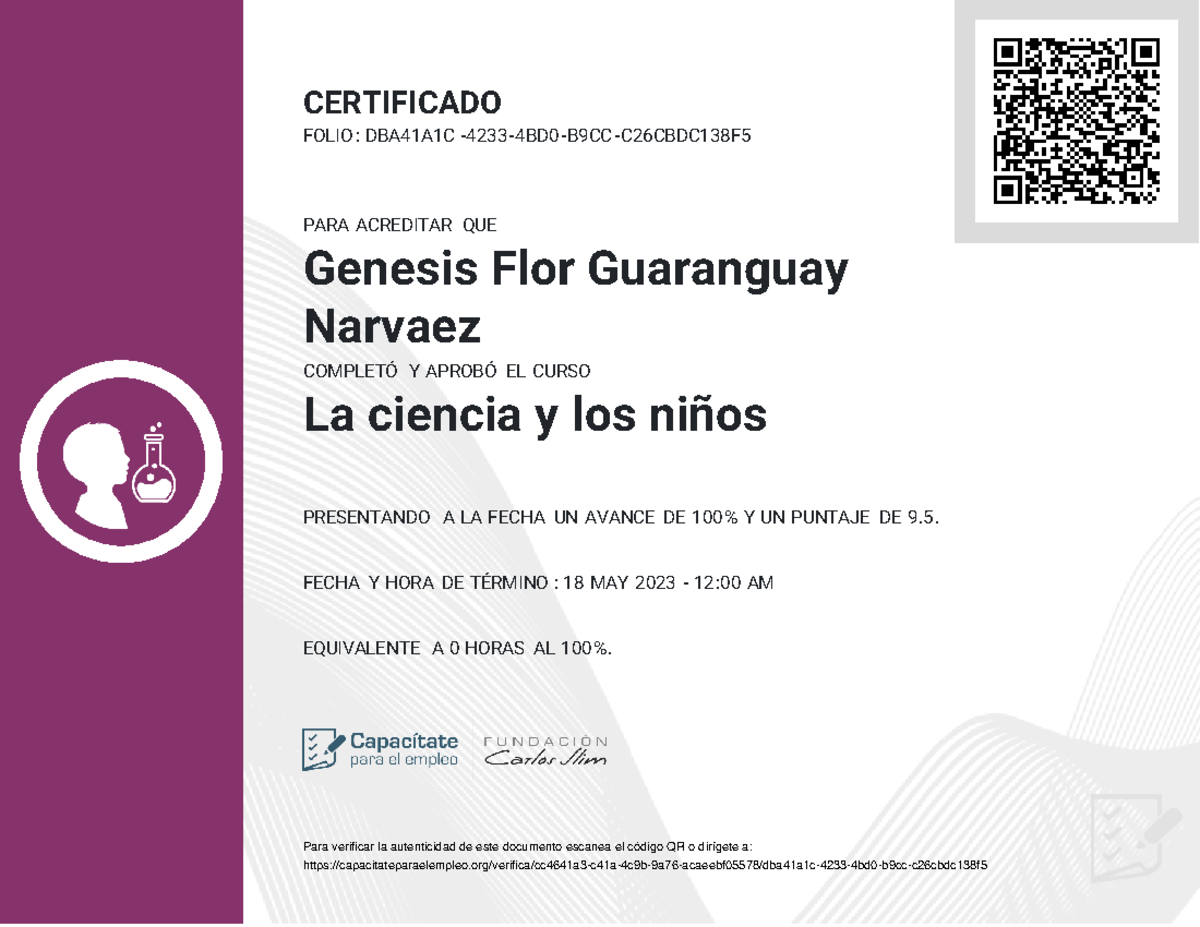 Certificado ciencia y los niños - CERTIFICADO FOLIO : DBA41A1C -4233 ...