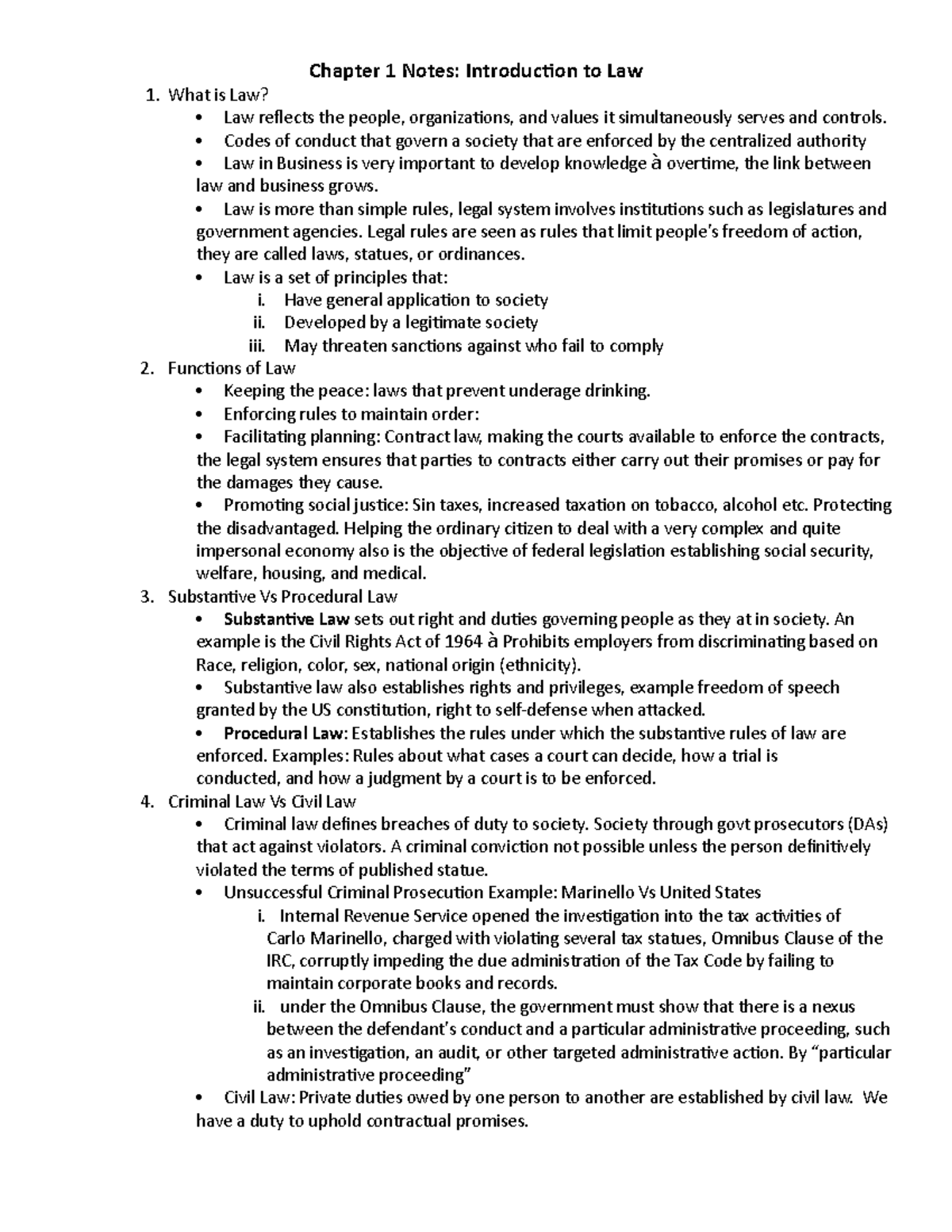 BUS-L 201 Notes, FALL 2021 - Chapter 1 Notes: Introduction to Law What ...
