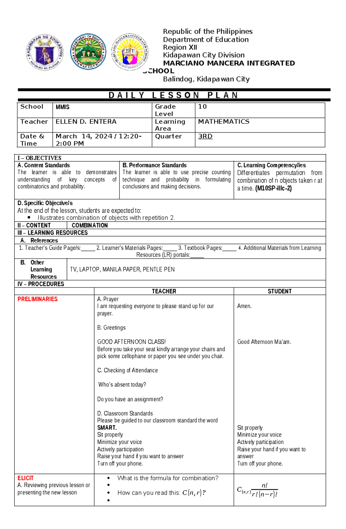 DAY 1 week 3-4 March 18, 2024 MATH - Republic of the Philippines ...