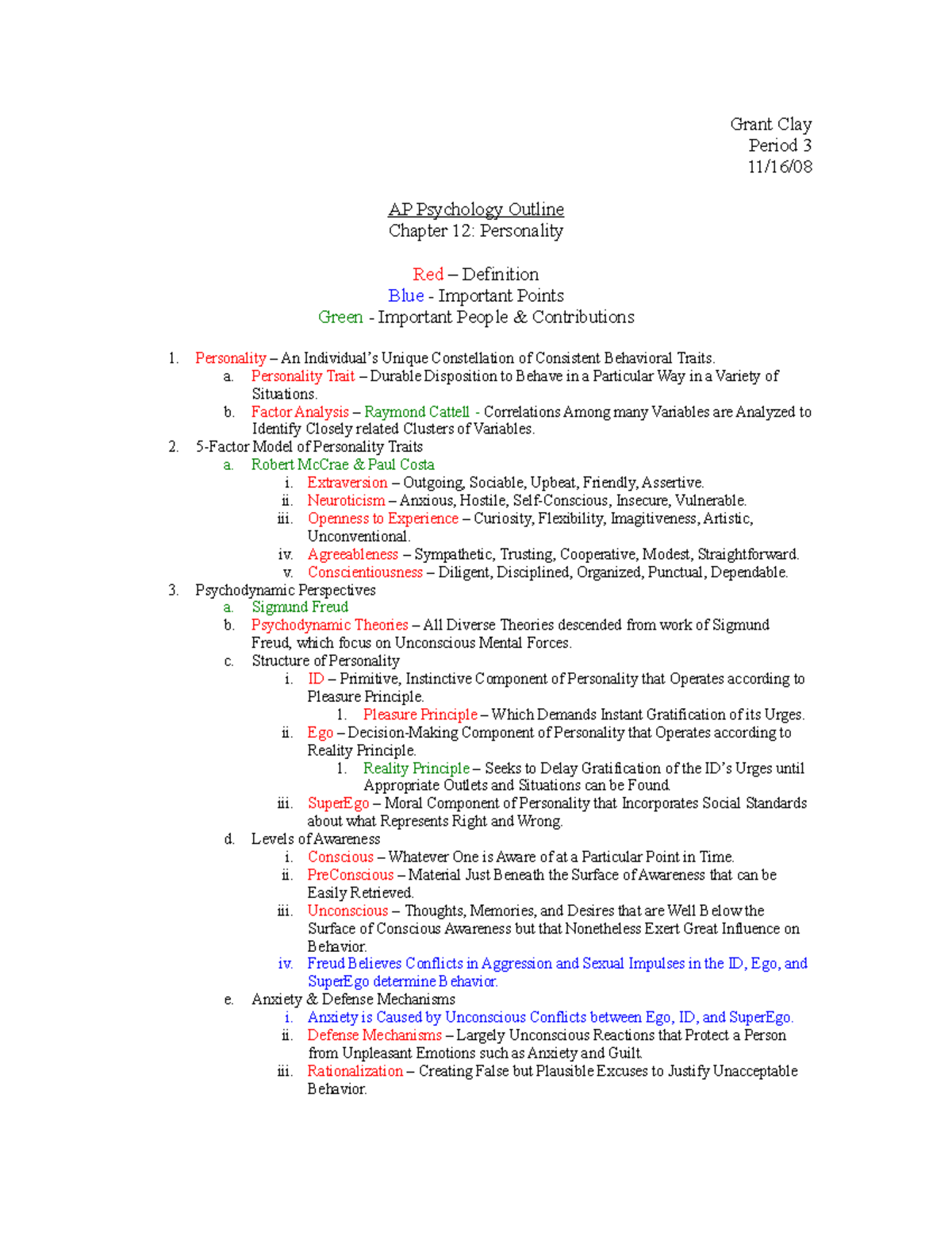 APP Ch.12 Outline Personality - Grant Clay Period 3 11/16/ AP ...