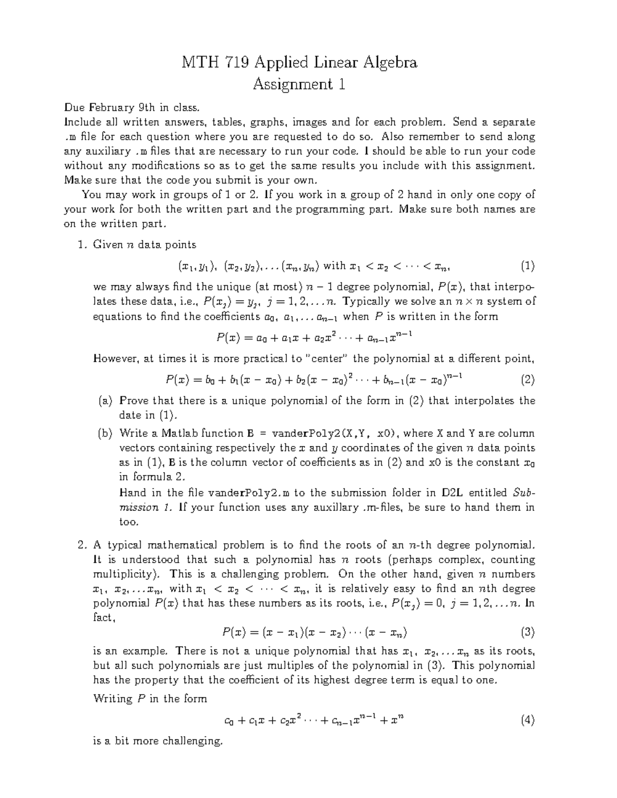MTH719Assignment 1 W17 - MTH 719 Applied Linear Algebra Assignment 1 ...
