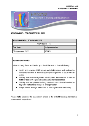 HRD3702 - Unisa - Management of Training and Development - Studocu
