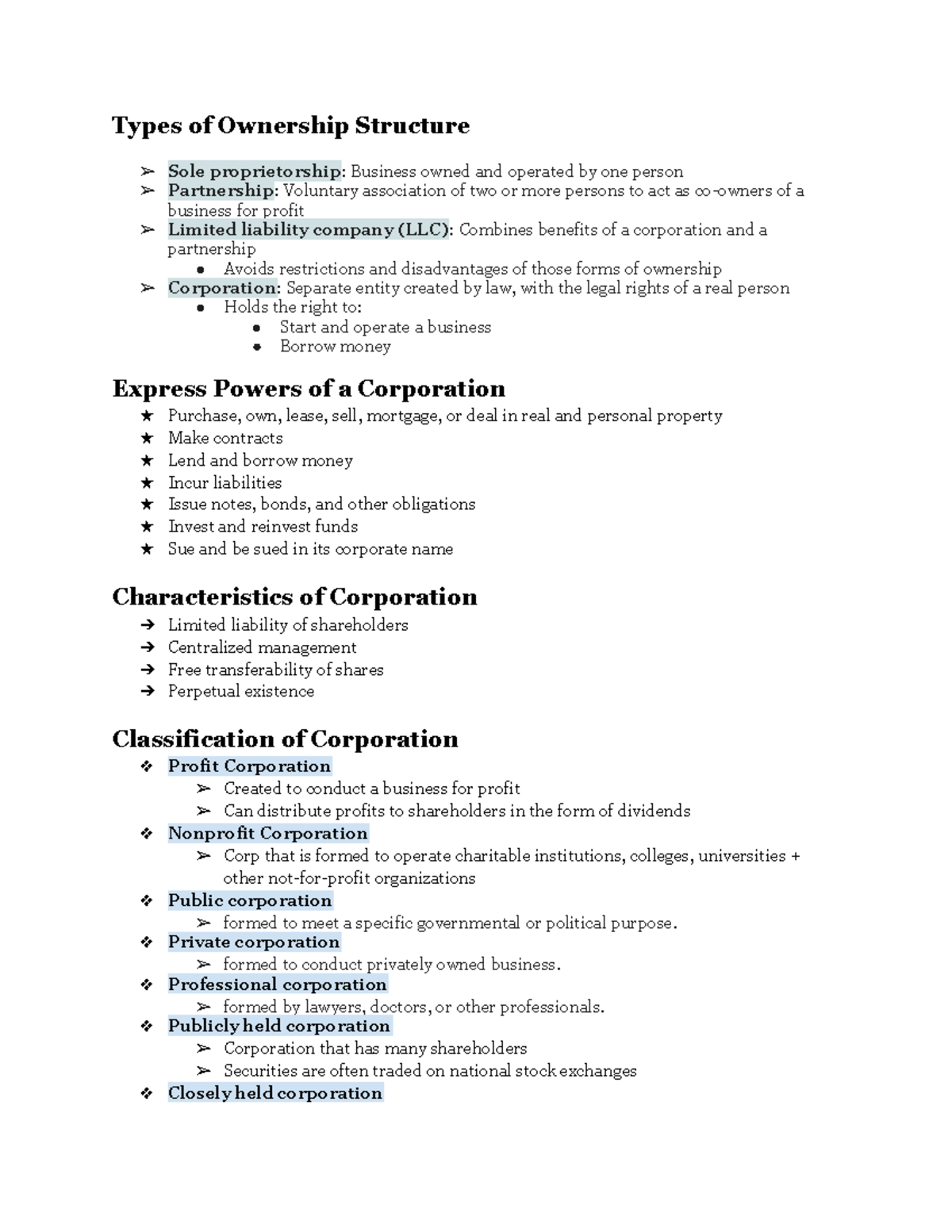 CH4 - CHAPTER 4 NOTES PROF SINGH - Types of Ownership Structure Sole ...