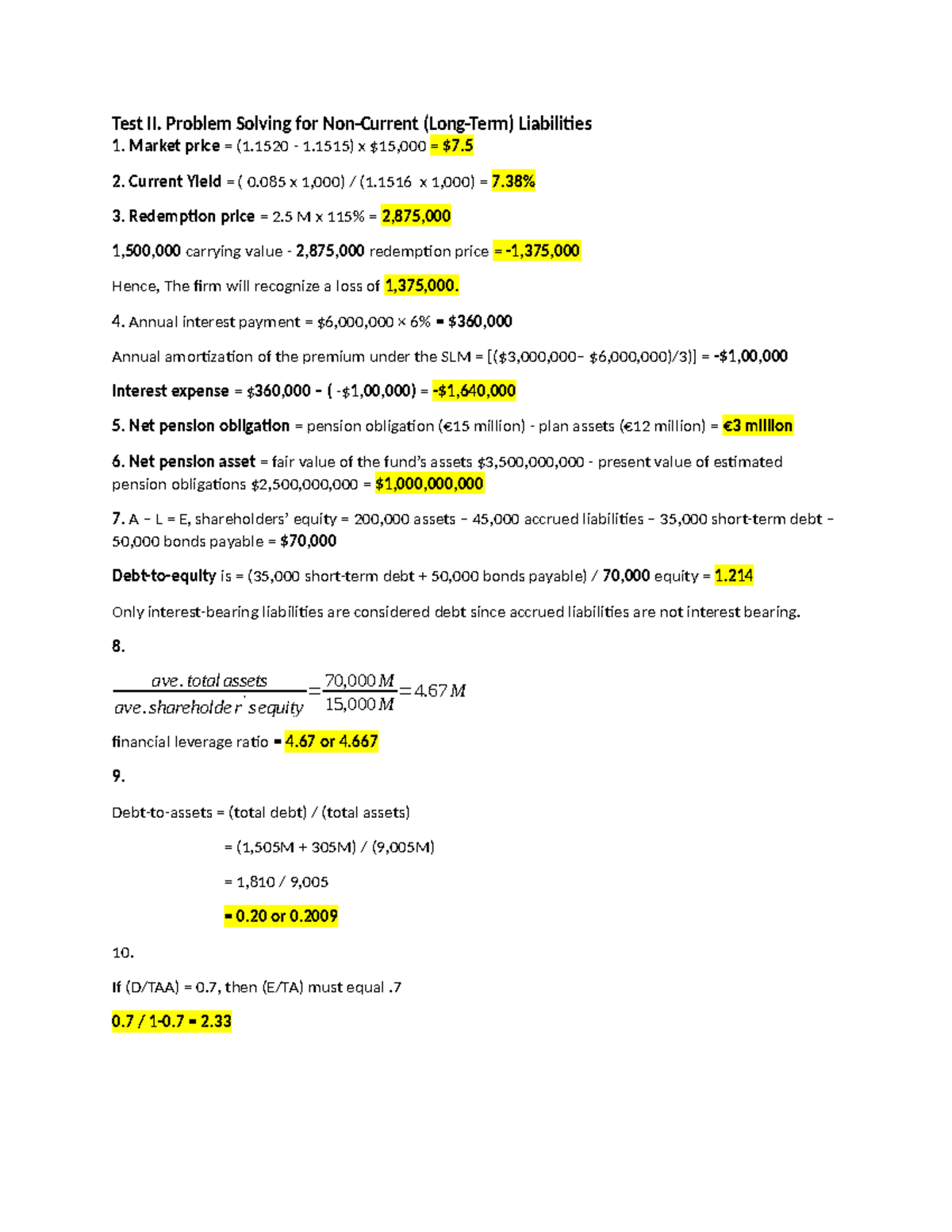 Test II Solving for Non-Current (Long-Term) Liabilities - Test II ...