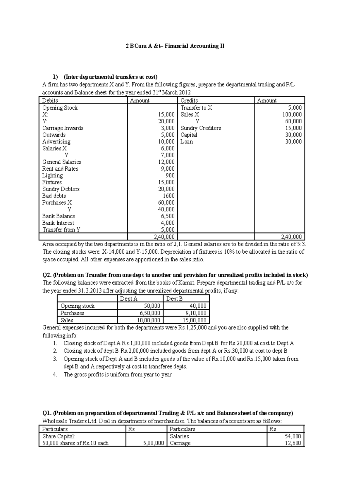 Dept a c practice problems - 2 BCom A &t– Financial Accounting II 1) (Inter departmental - Studocu