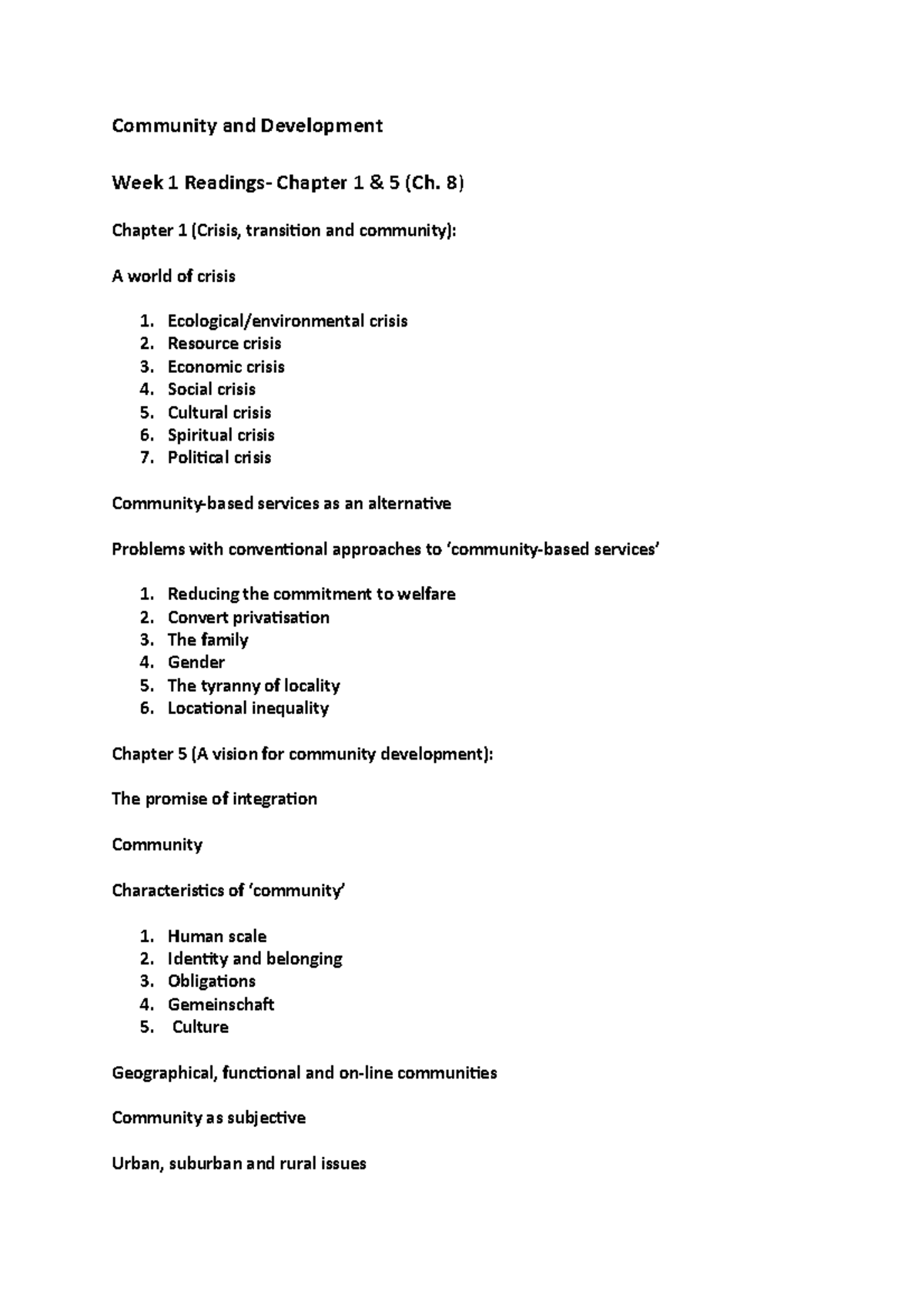 Community and Development Readings - Community and Development Week 1 ...