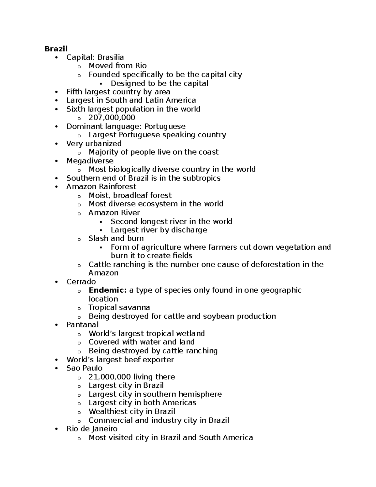 Brazil Notes - Brazil Capital: Brasilia o Moved from Rio o Founded ...