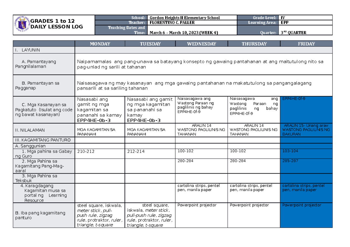 DLL EPP 4 Q3 W4 - a guide lesson on my class - GRADES 1 to 12 DAILY LESSON LOG School: Gordon ...