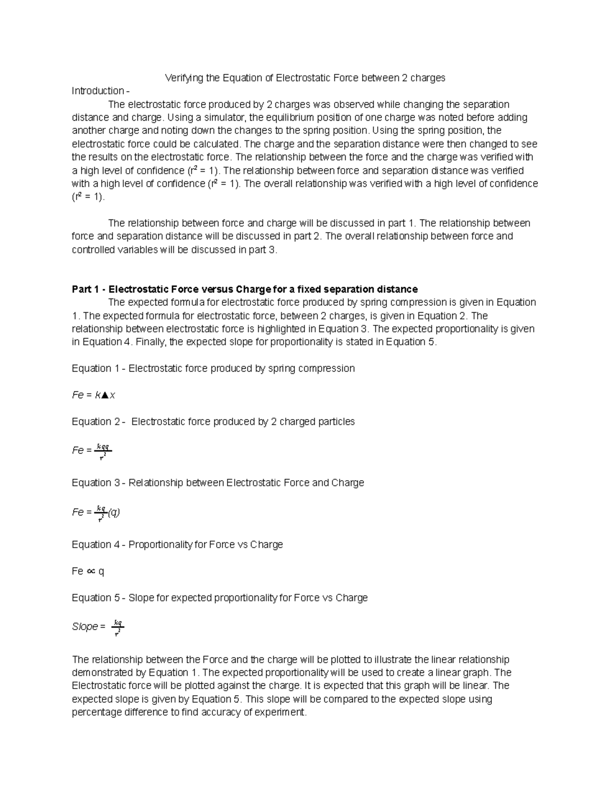 Physics Report - final - Verifying the Equation of Electrostatic Force between 2 charges - Studocu