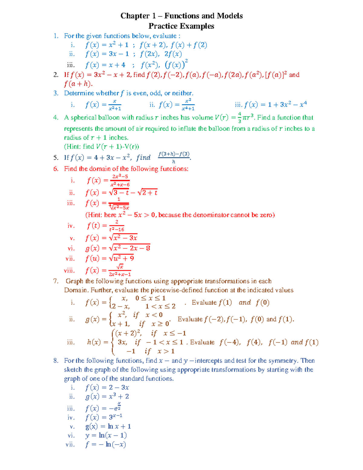 Chapter 1 practice examples - Chapter 1 – Functions and Models Practice ...