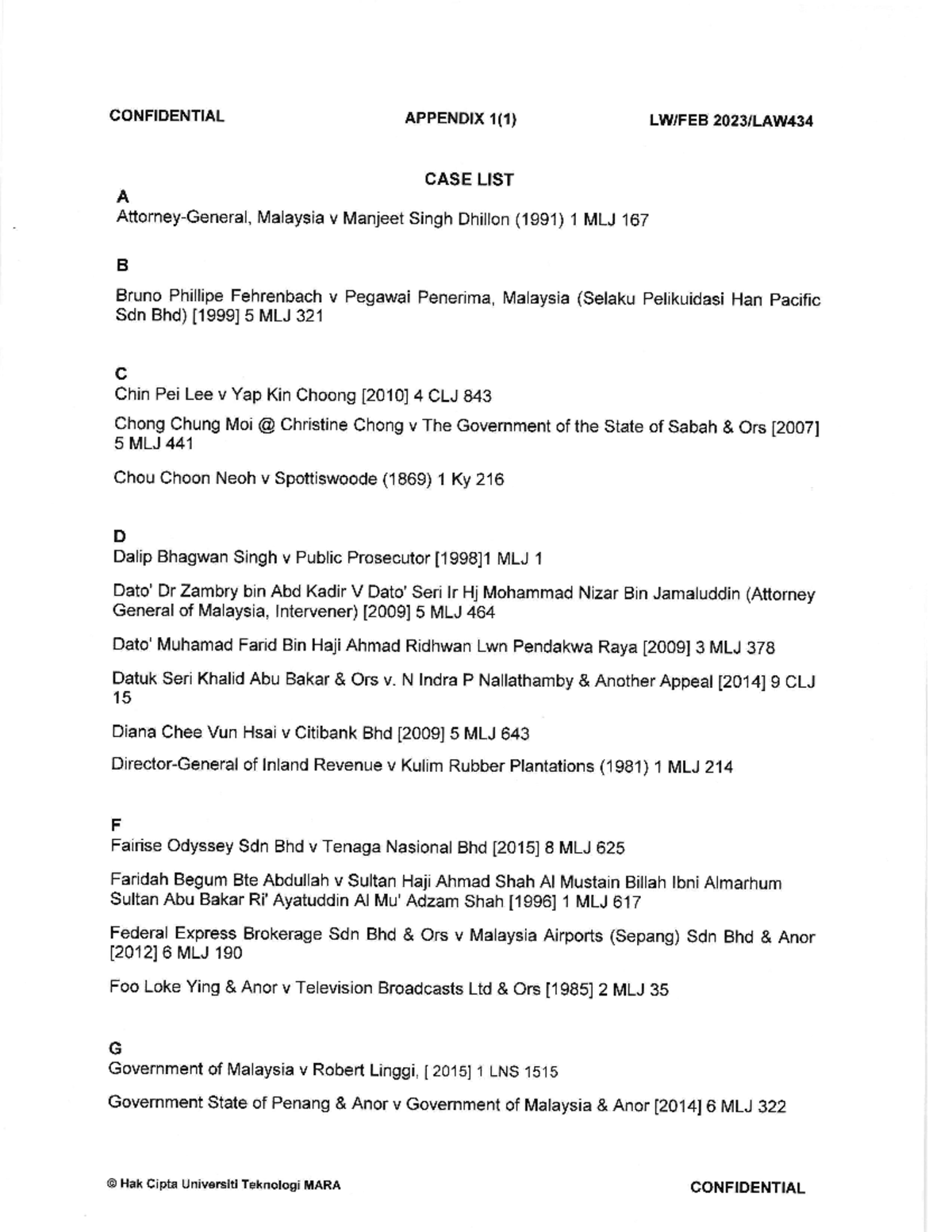 List cases mls - CONFIDENTIAL APPENDIX 1(1) LW/FEB 2023/LAW434 CASE ...