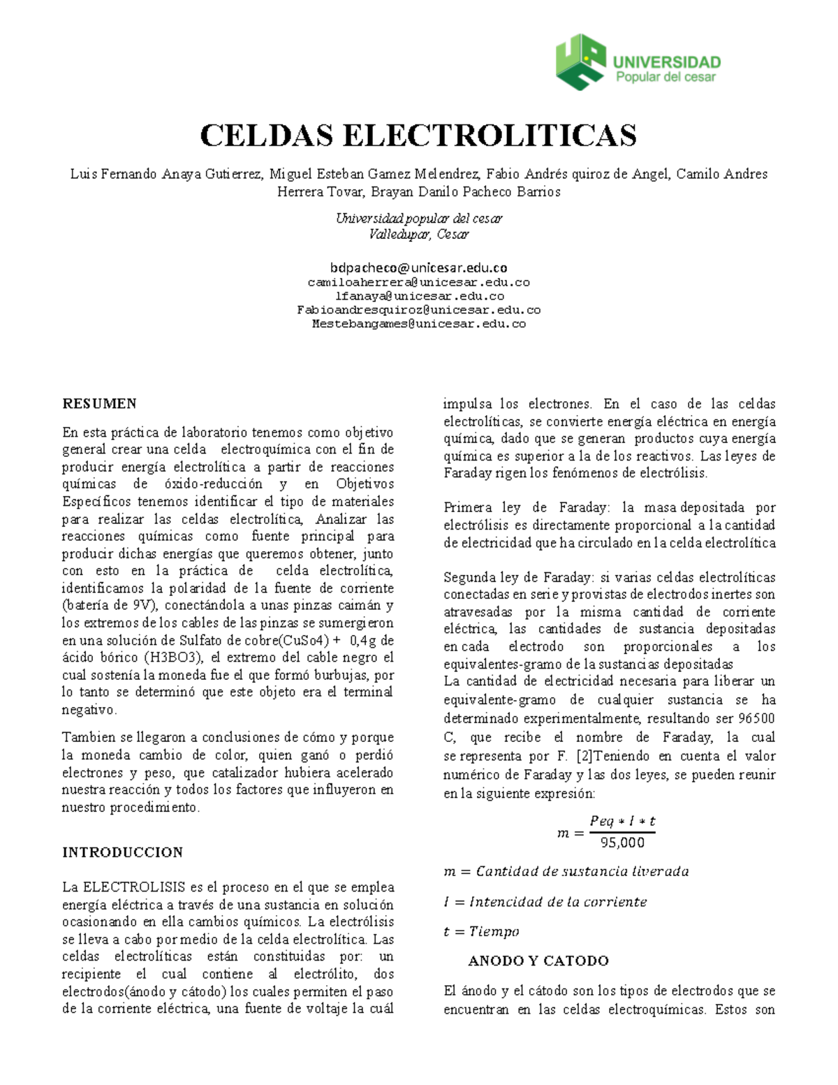 Informe Entregar 1-6 - CELDAS ELECTROLITICAS Luis Fernando Anaya ...