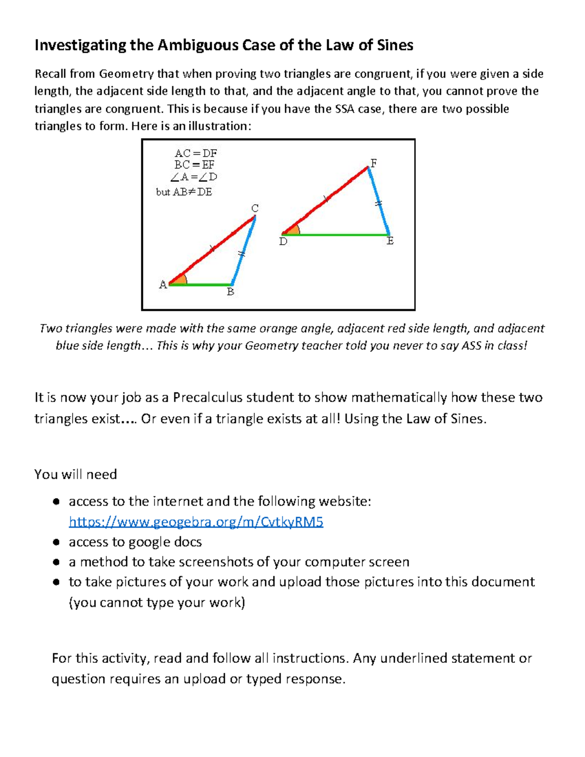 The Law of Sines and the Ambiguous Case - Investigating the Ambiguous ...