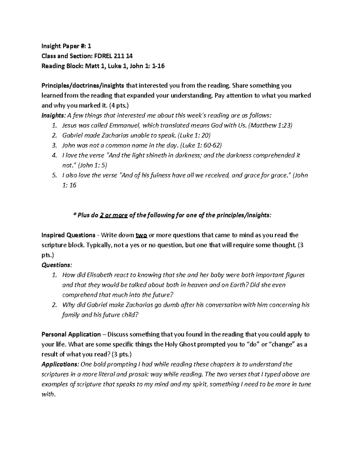 1 Insight Paper - For the class of Brother Parker. - Insight Paper 1 ...