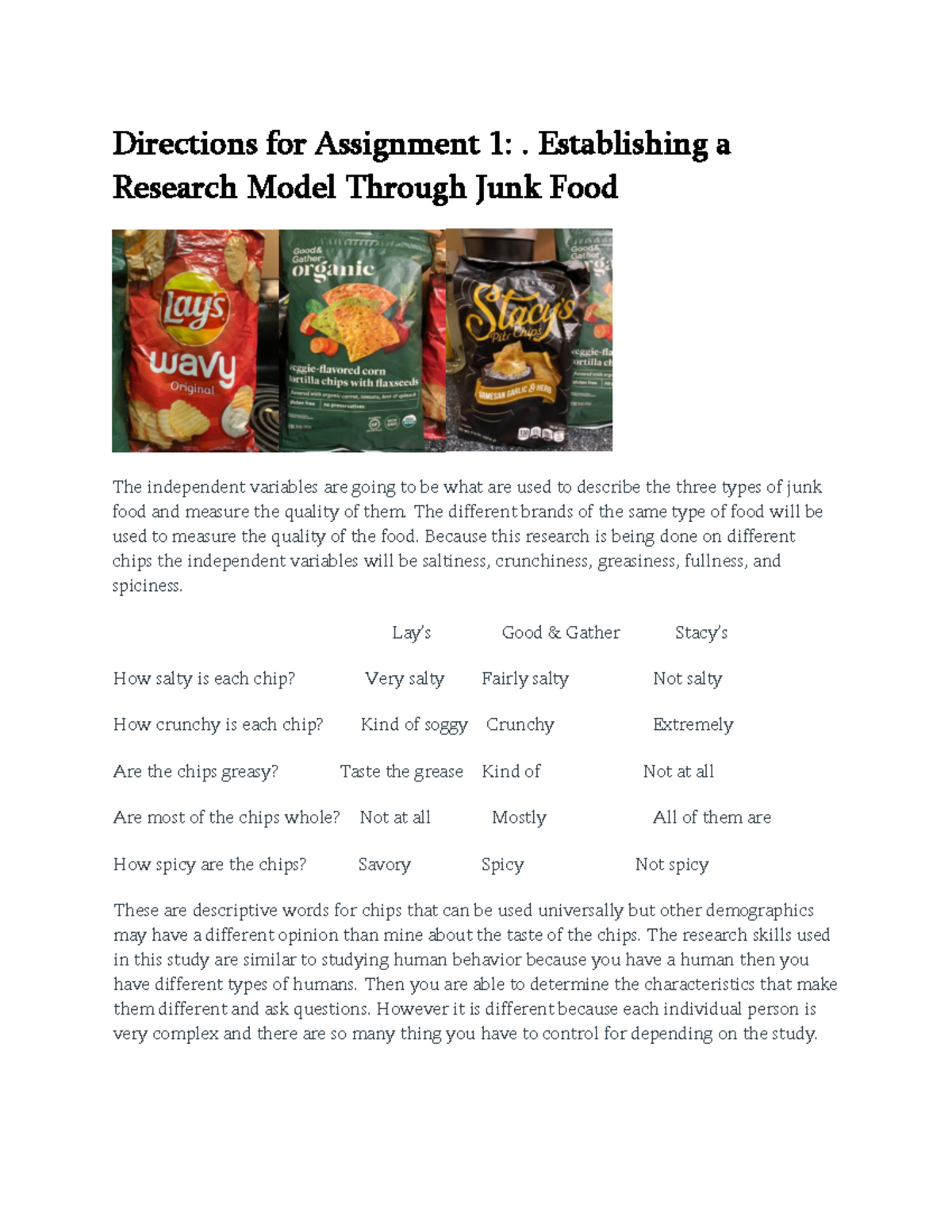 Research Model through junk food - Directions for Assignment 1 ...