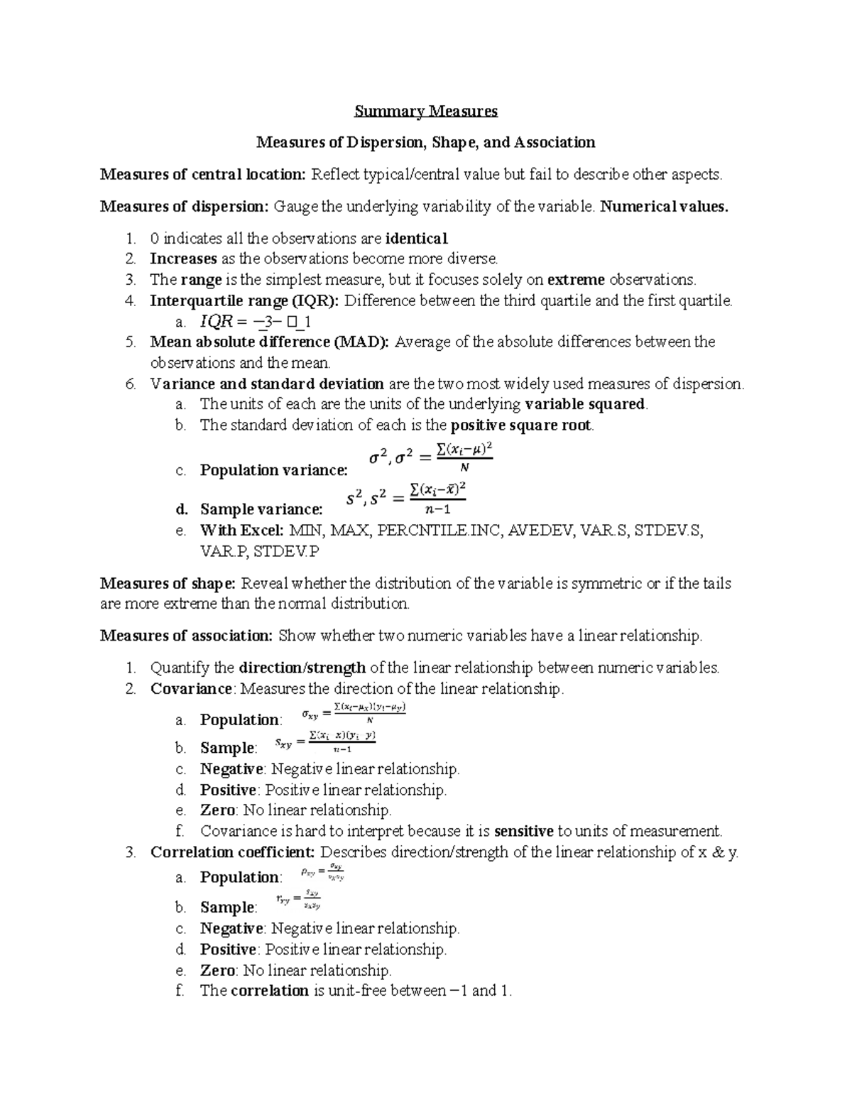 Unit 4 - Instructor: Merrill Liechty - Summary Measures Measures of Dispersion, Shape, and - Studocu