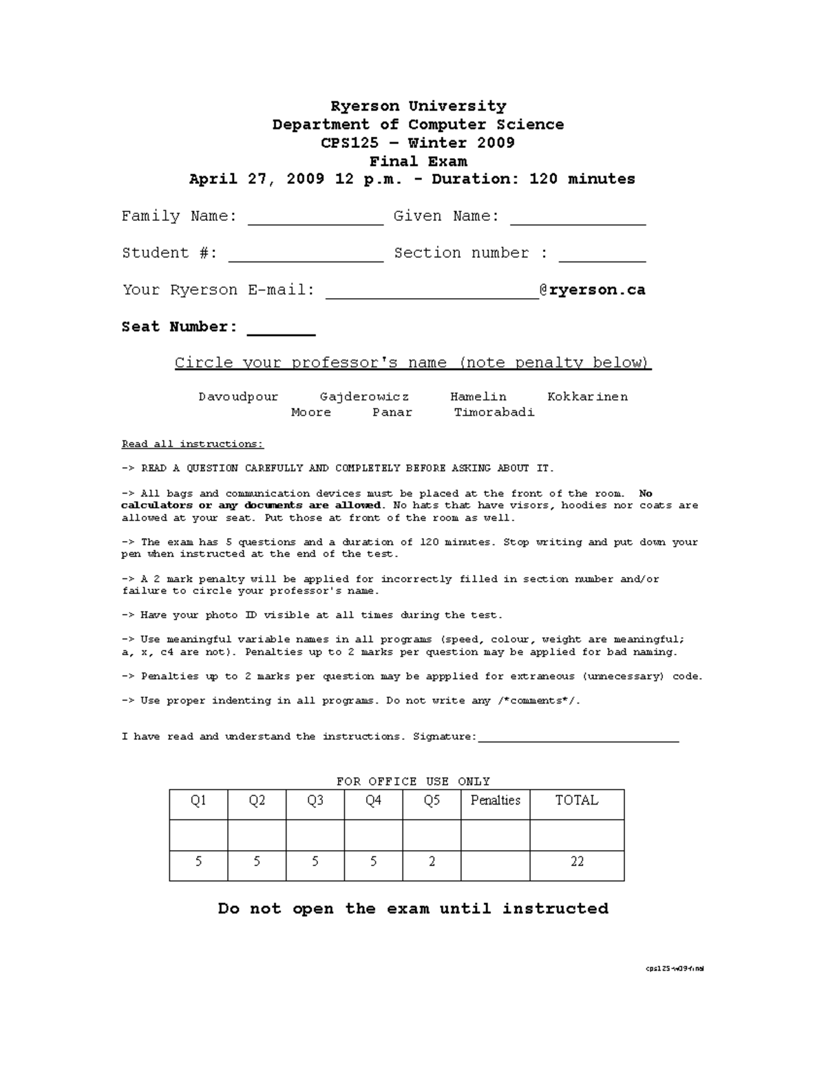 Exam 27 April 2009, questions - Ryerson University Department of ...