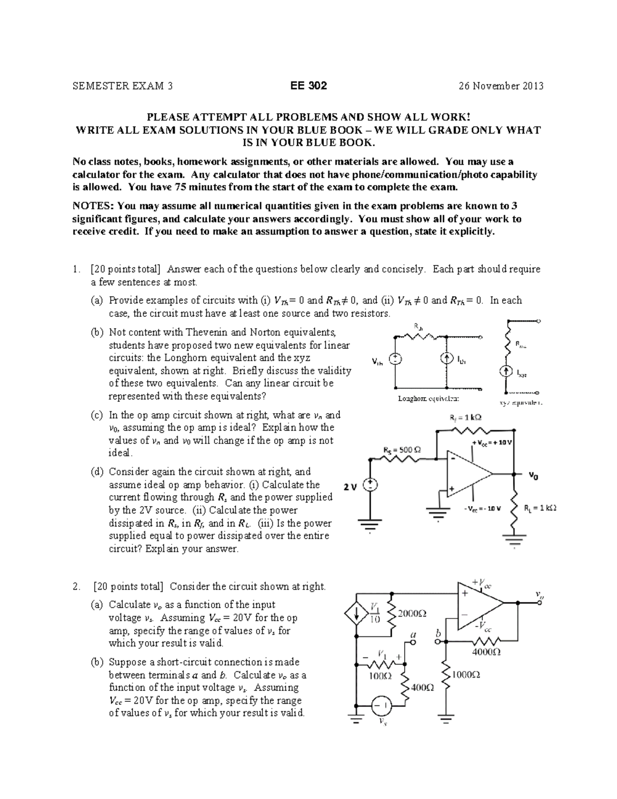 EE 302 Exam 3 and histogram F13 - SEMESTER EXAM 3 EE 302 26 November ...