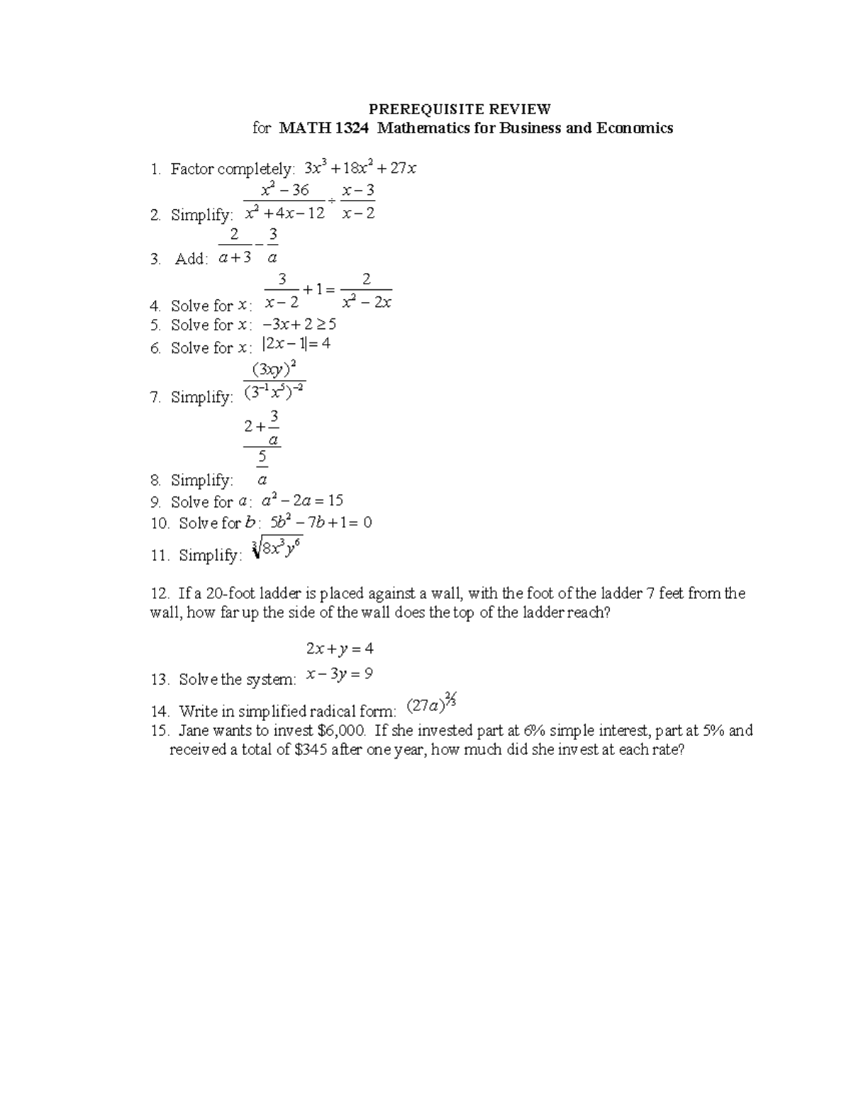 MATH 1324 Prerequisite Review - PREREQUISITE REVIEW for MATH 1324 ...