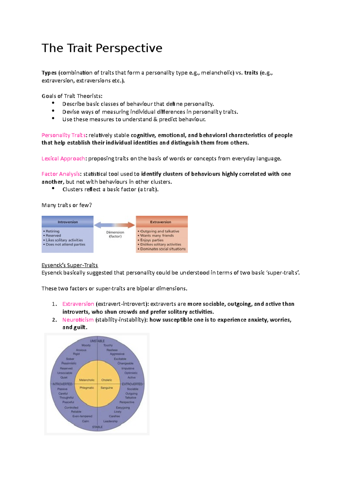 The Trait Perspective - Personality Notes for M+B - The Trait ...