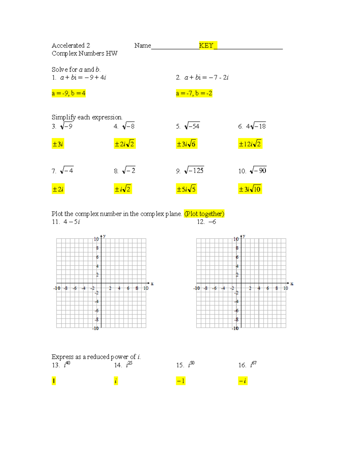 Day 1 Intro to Complex Numbers HW KEY - Accelerated 2 Complex Numbers ...