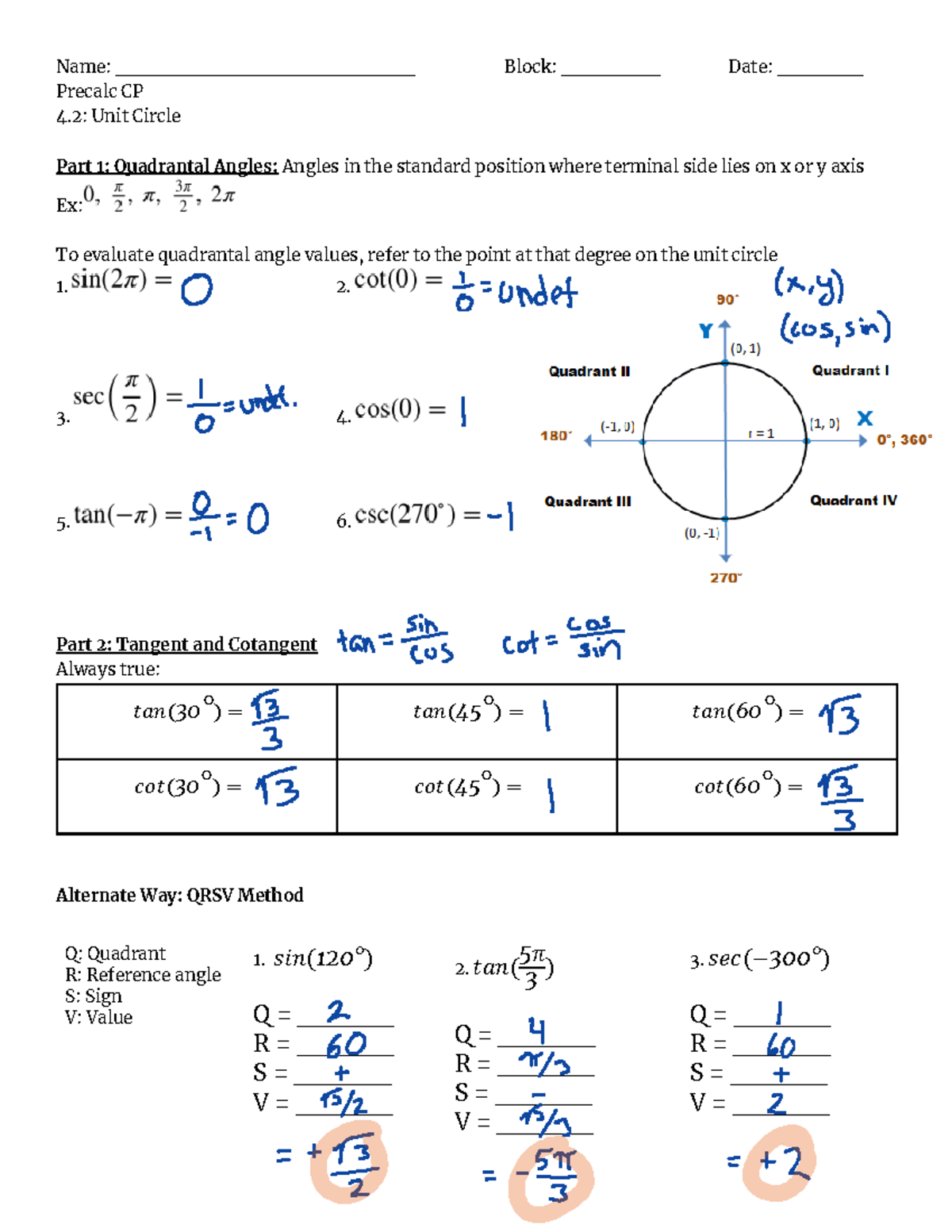 4.2 Notes + Unit Circle KEY - Name: _____________________ Block ...