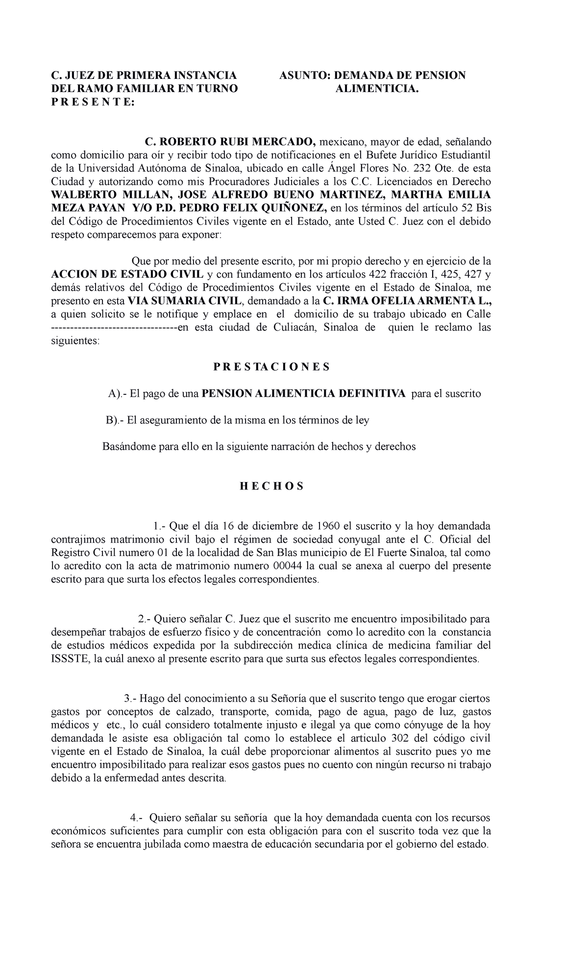 Demanda DE Alimentos- Roberto RUBI Mercado - C. JUEZ DE PRIMERA ...
