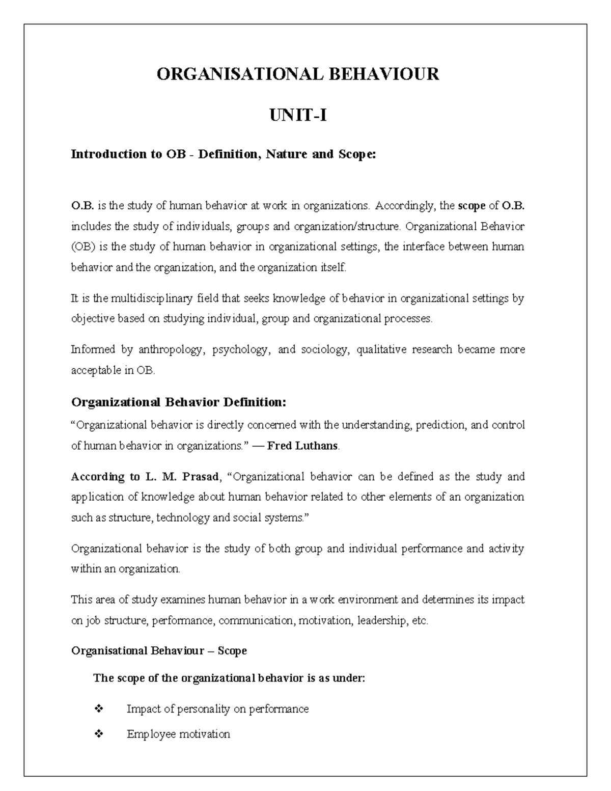 OB -unit 1 2 3 - Summary Computer Science - ORGANISATIONAL BEHAVIOUR ...