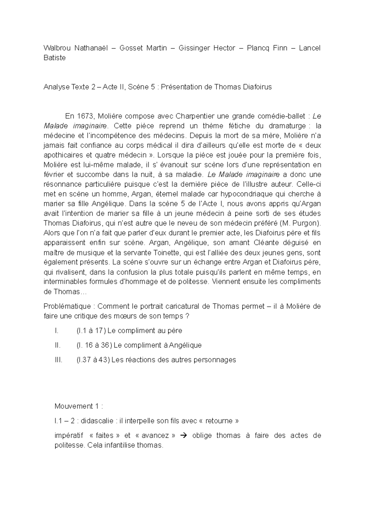 Analyse Texte 2 Molière - Walbrou Nathanaël – Gosset Martin – Gissinger Hector – Plancq Finn ...