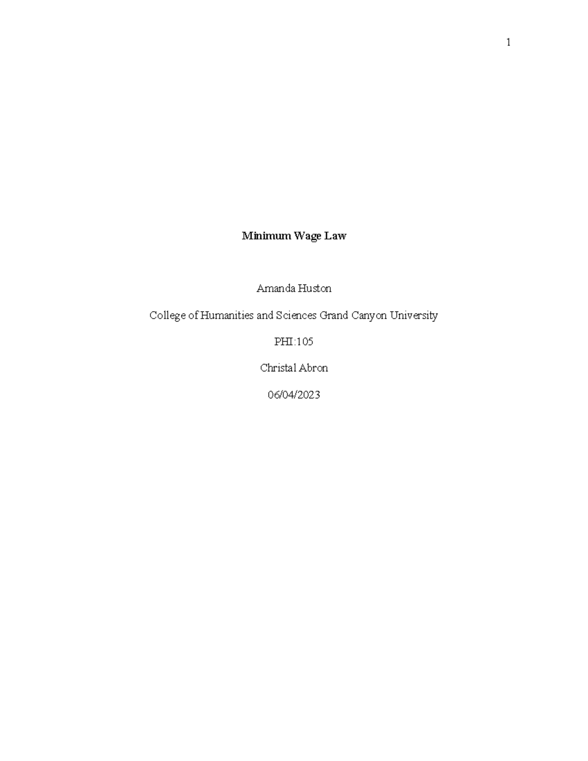 Minimum wagee ssay - n/a - Minimum Wage Law Amanda Huston College of ...