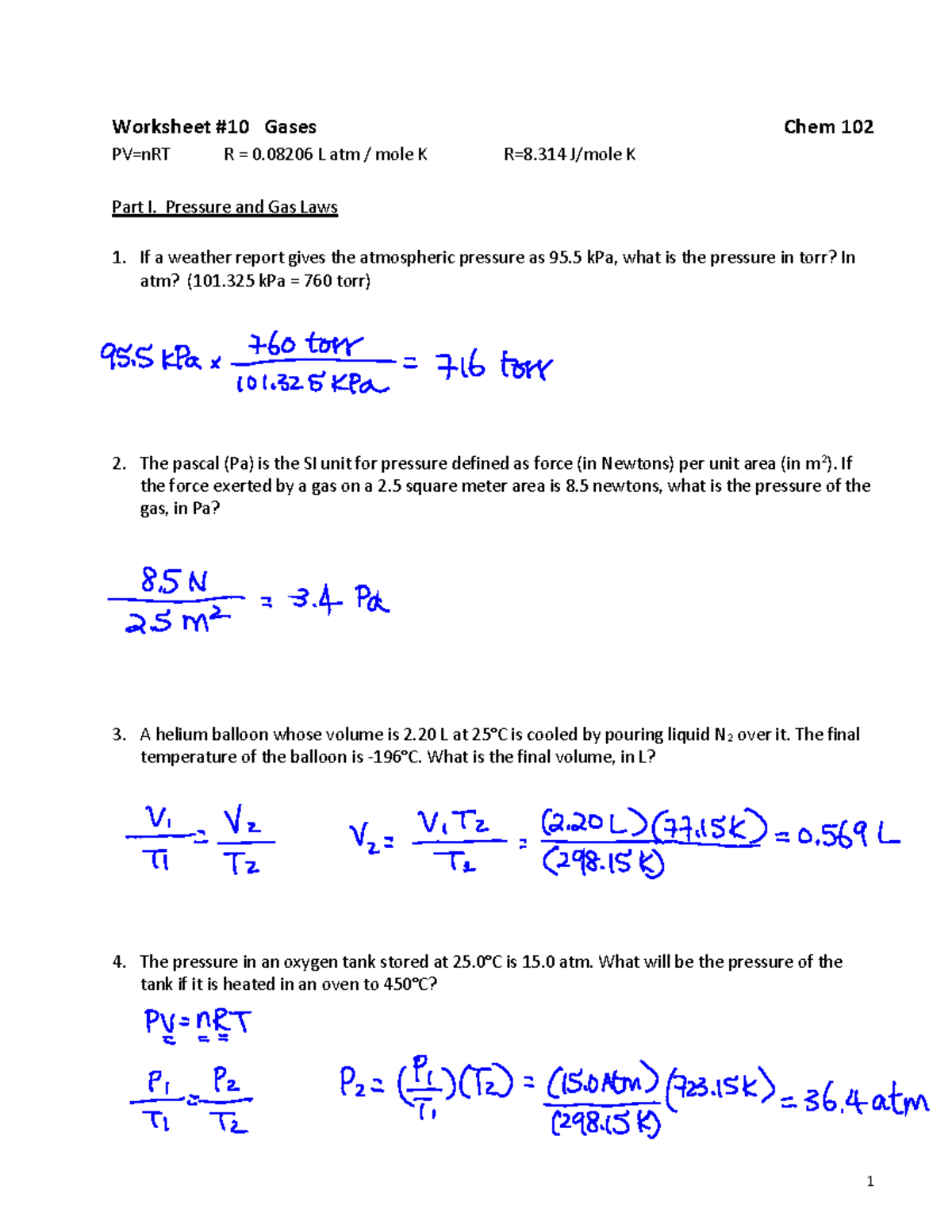 Worksheet 10 Gases - Key - Worksheet #10 Gases Chem 102 PV=nRT R = 0 L ...