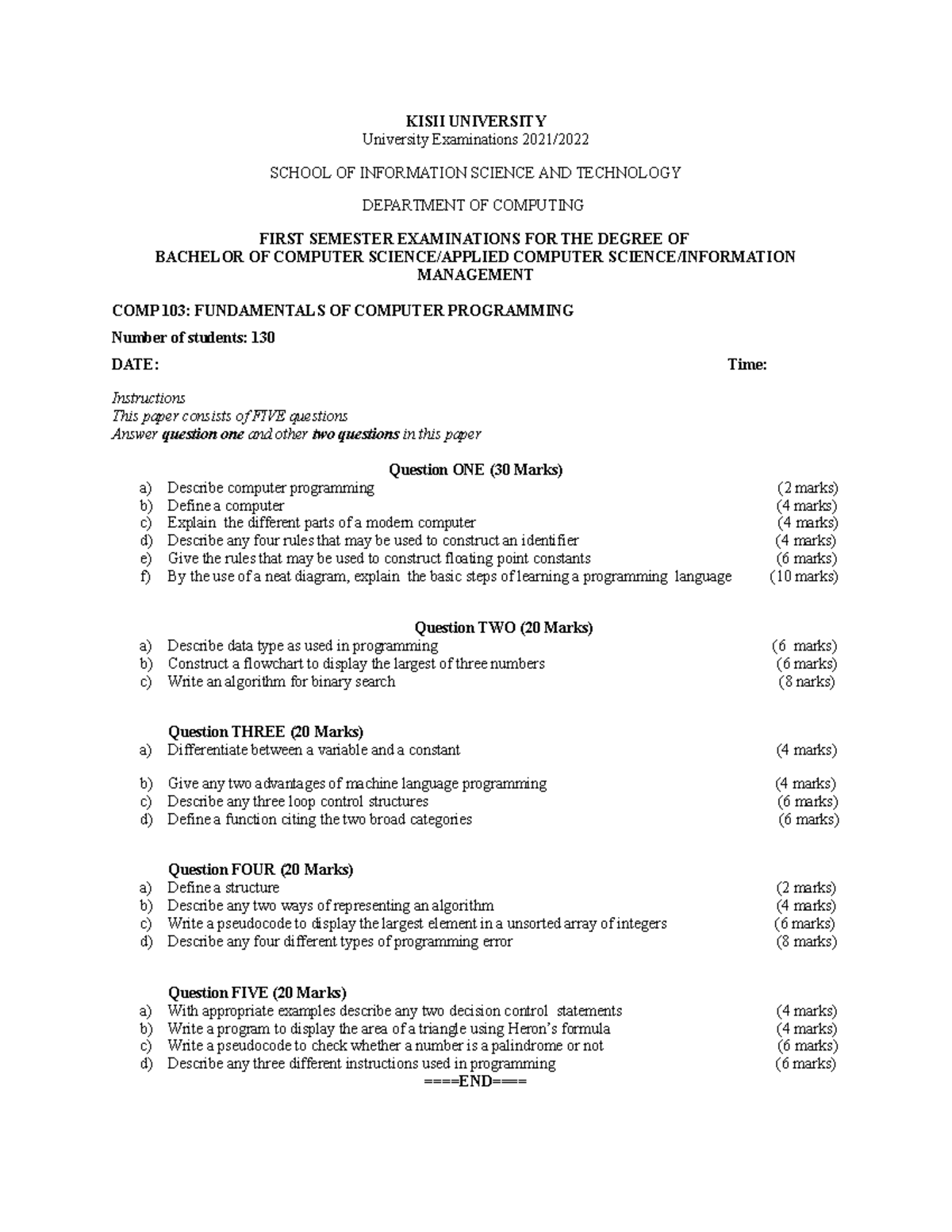 Comp103 PAST Paper 2 - KISII UNIVERSITY University Examinations 2021 ...