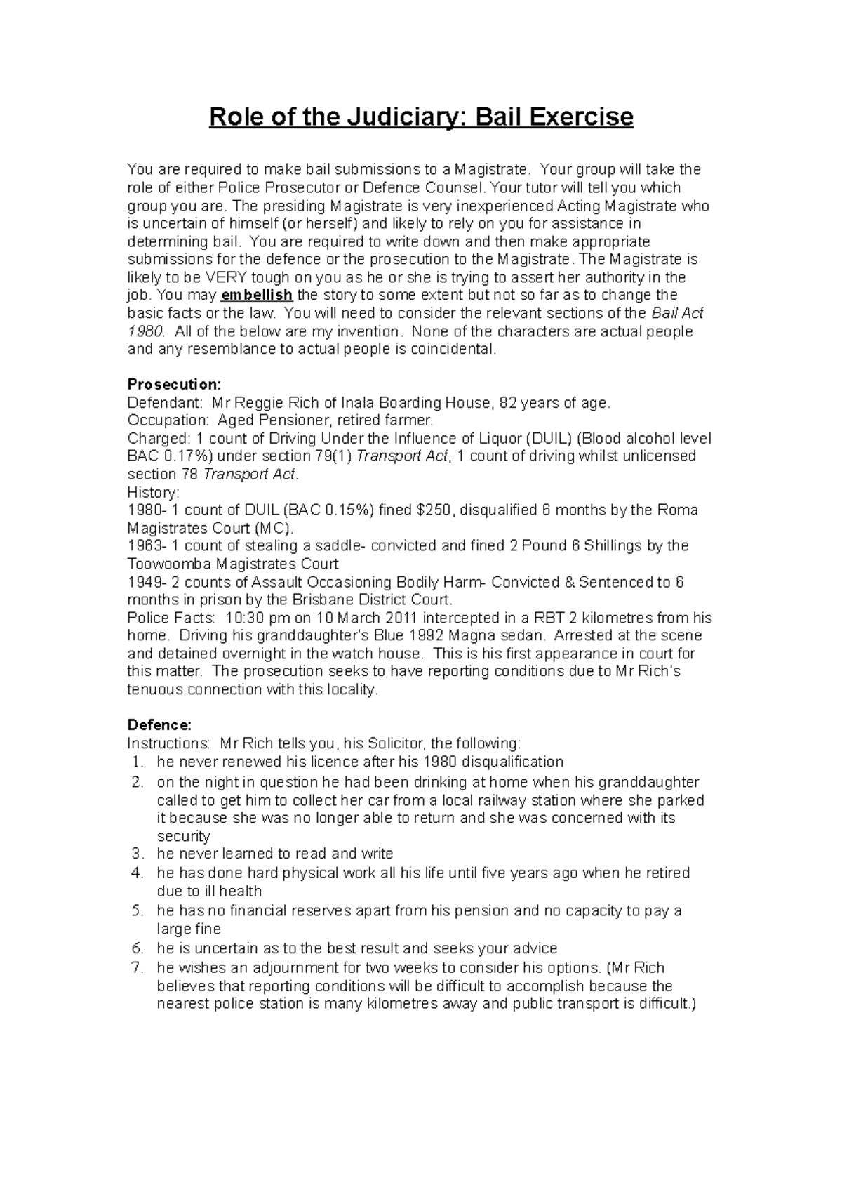 Bail Application Reggie Rich - Role of the Judiciary: Bail Exercise You ...